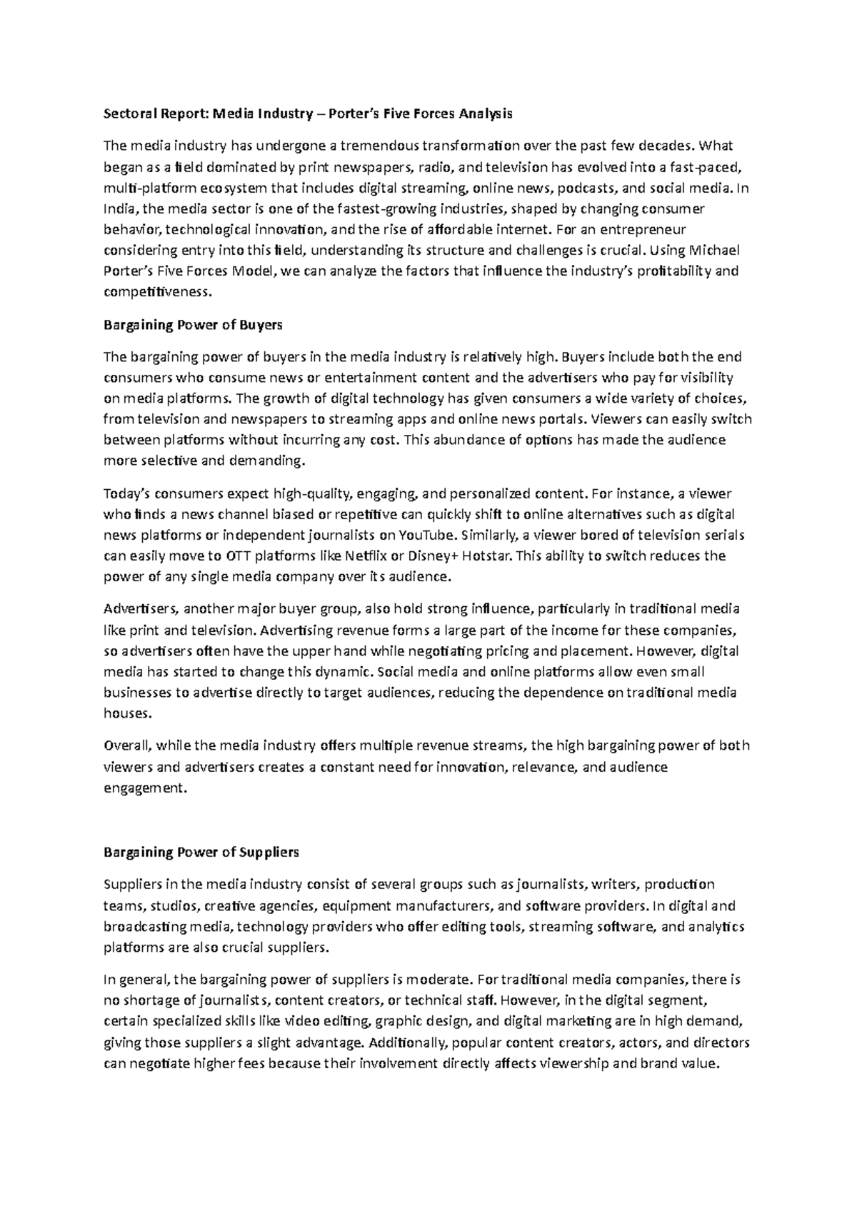 Media Industry Analysis: Five Forces Framework - Studocu