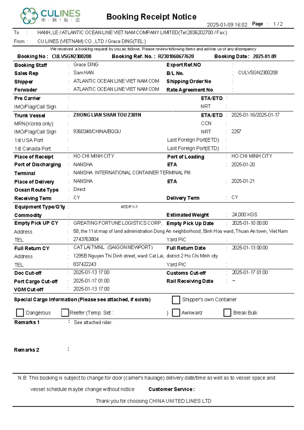 Booking Receipt Notice - CULVSGN2300208 - ATLANTIC OCEAN LINE - Studocu
