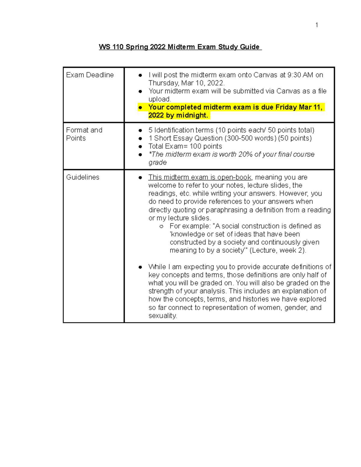 WS 110 Midterm Exam Study Guide for Spring 2022 - Studocu