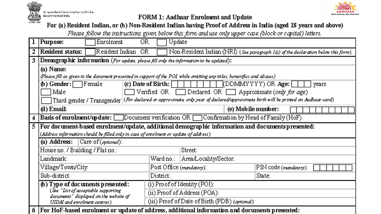 FORM 1: Aadhaar Enrolment & Update for Residents (18+) - Studocu