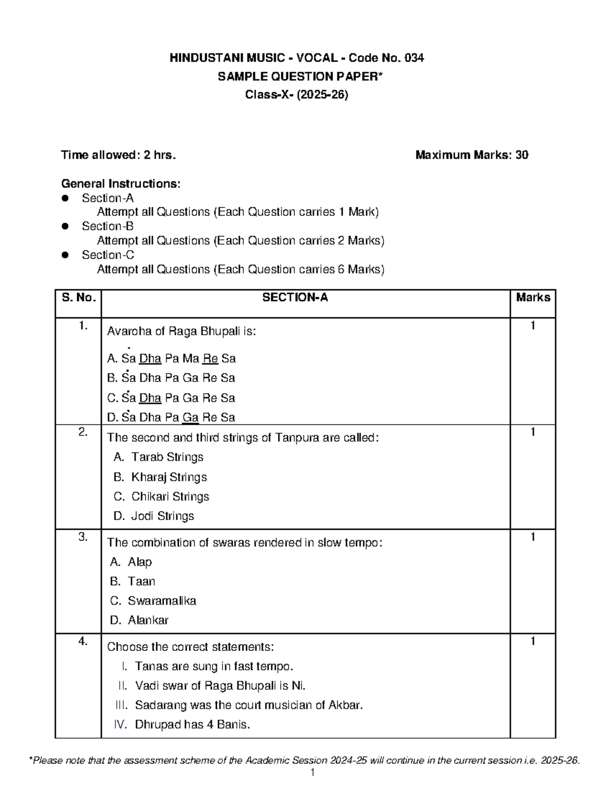 Hindustani Vocal - Sample Question Paper (Code No. 034) - Studocu