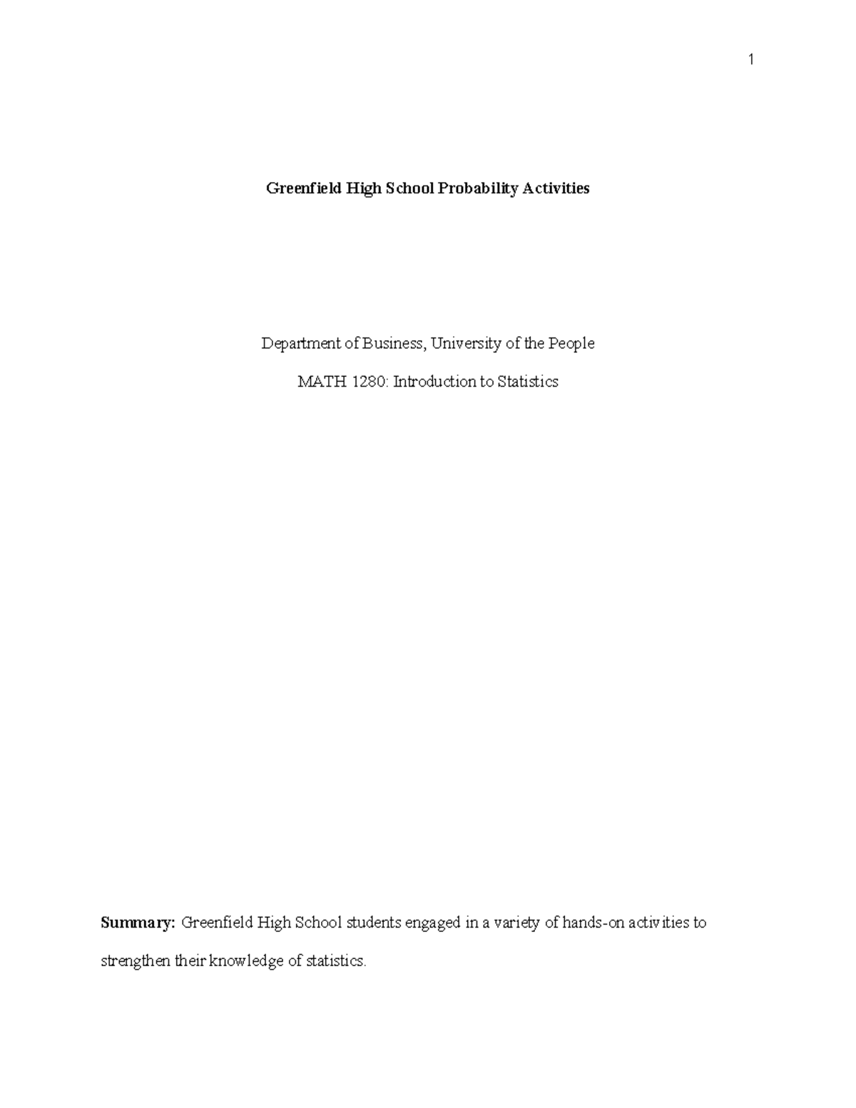 MATH 1280: Greenfield High School Probability Activities - Studocu