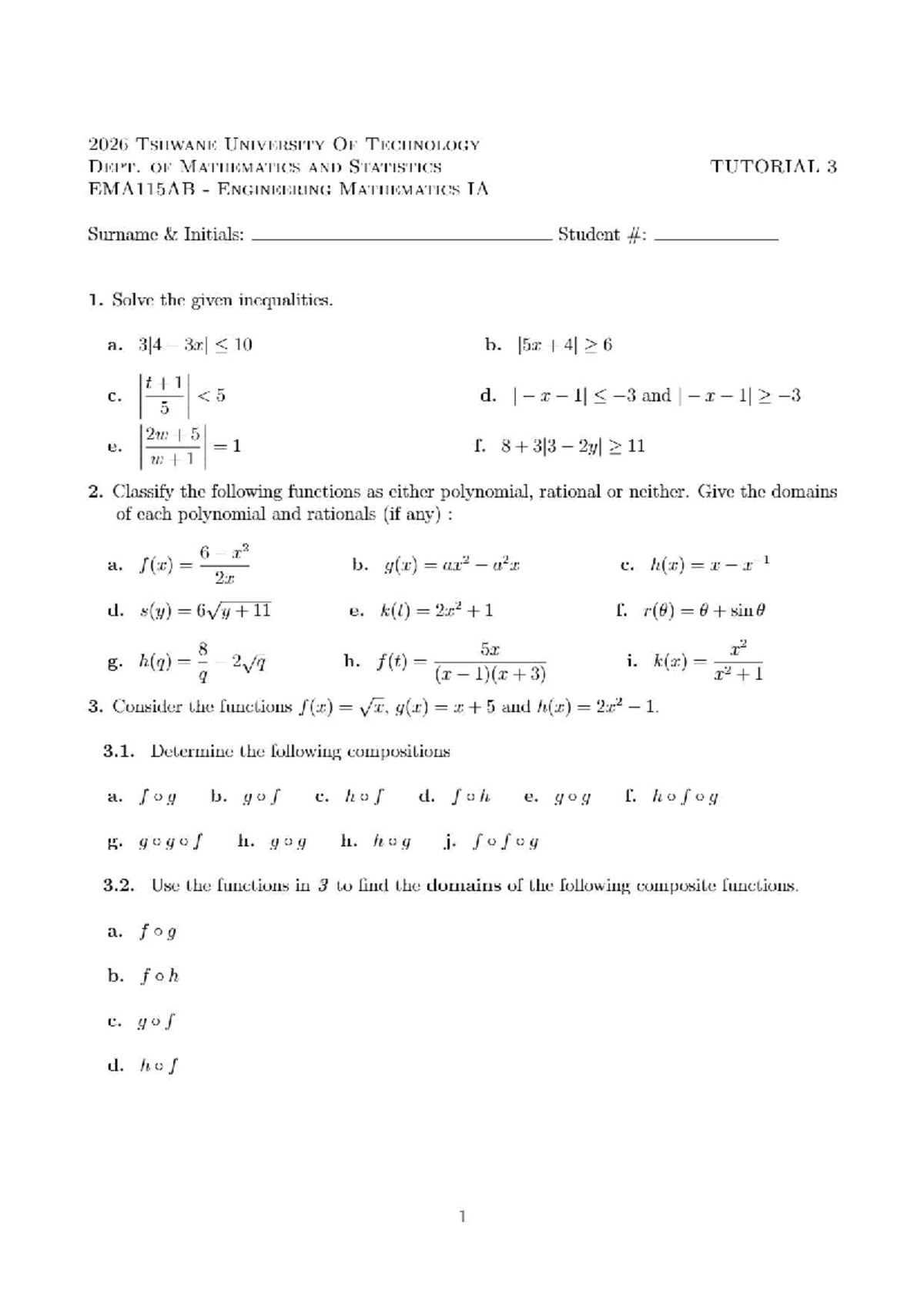 EMA115AB Engineering Mathematics IA Tutorial 3 Solutions - Studocu