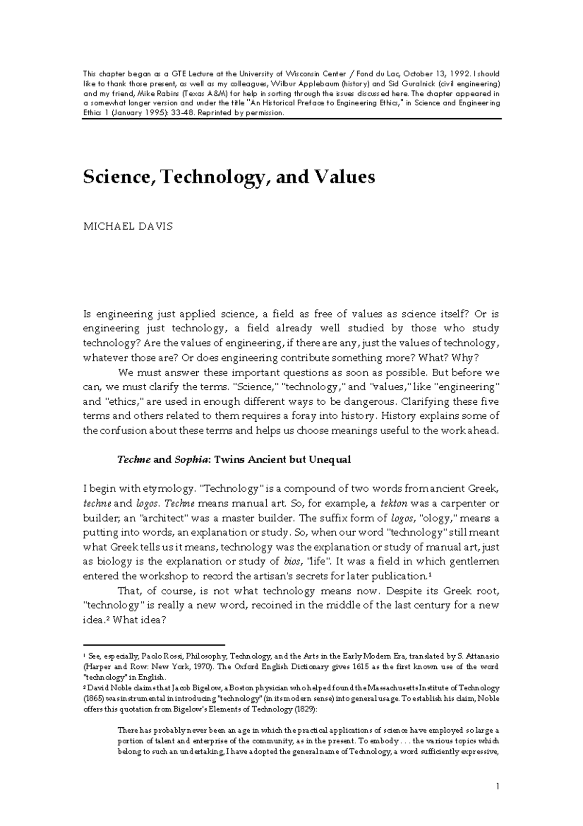 Davis 1992 Lecture: Exploring Science, Technology, and Values in Ethics ...