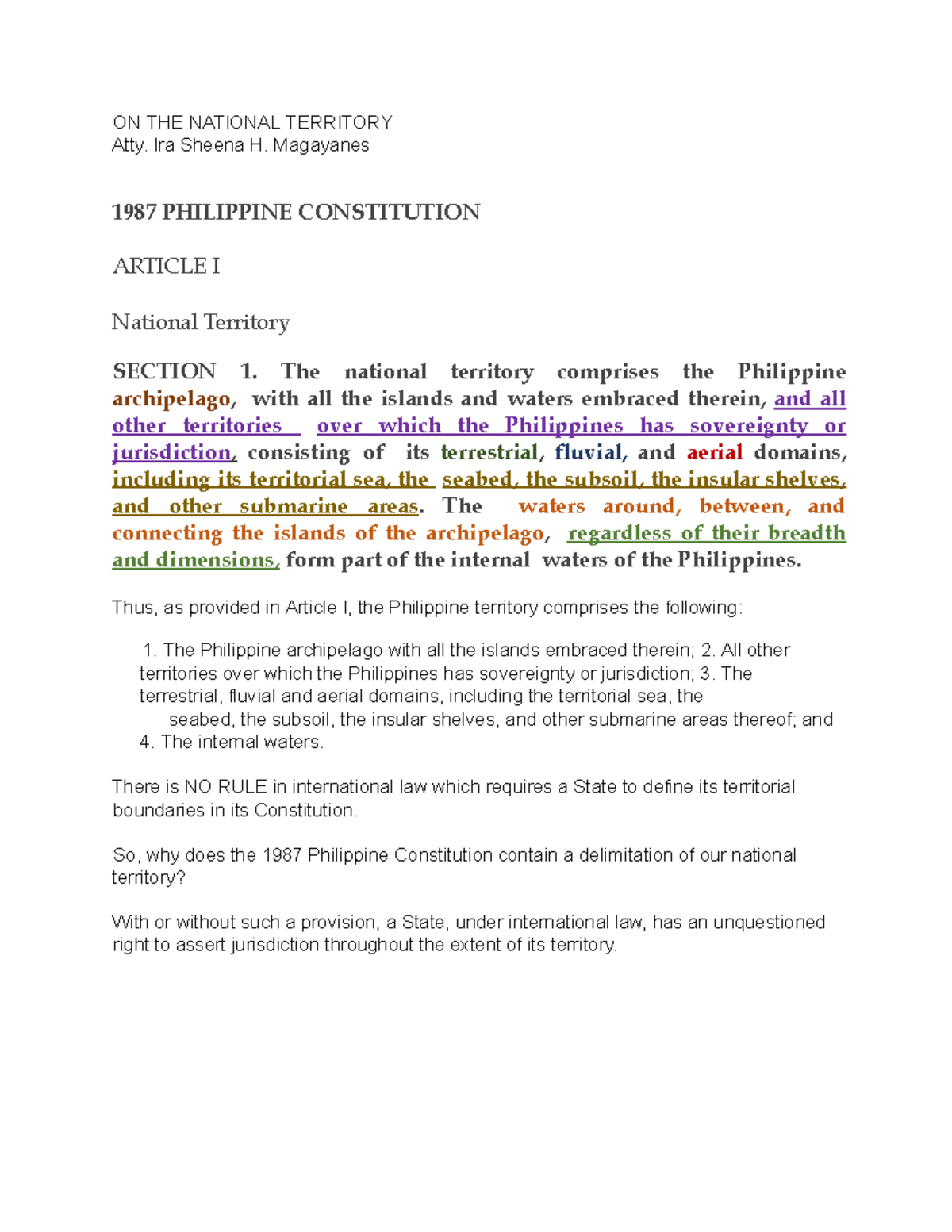 1987 PHILIPPINE CONSTITUTION: Overview of National Territory - Studocu