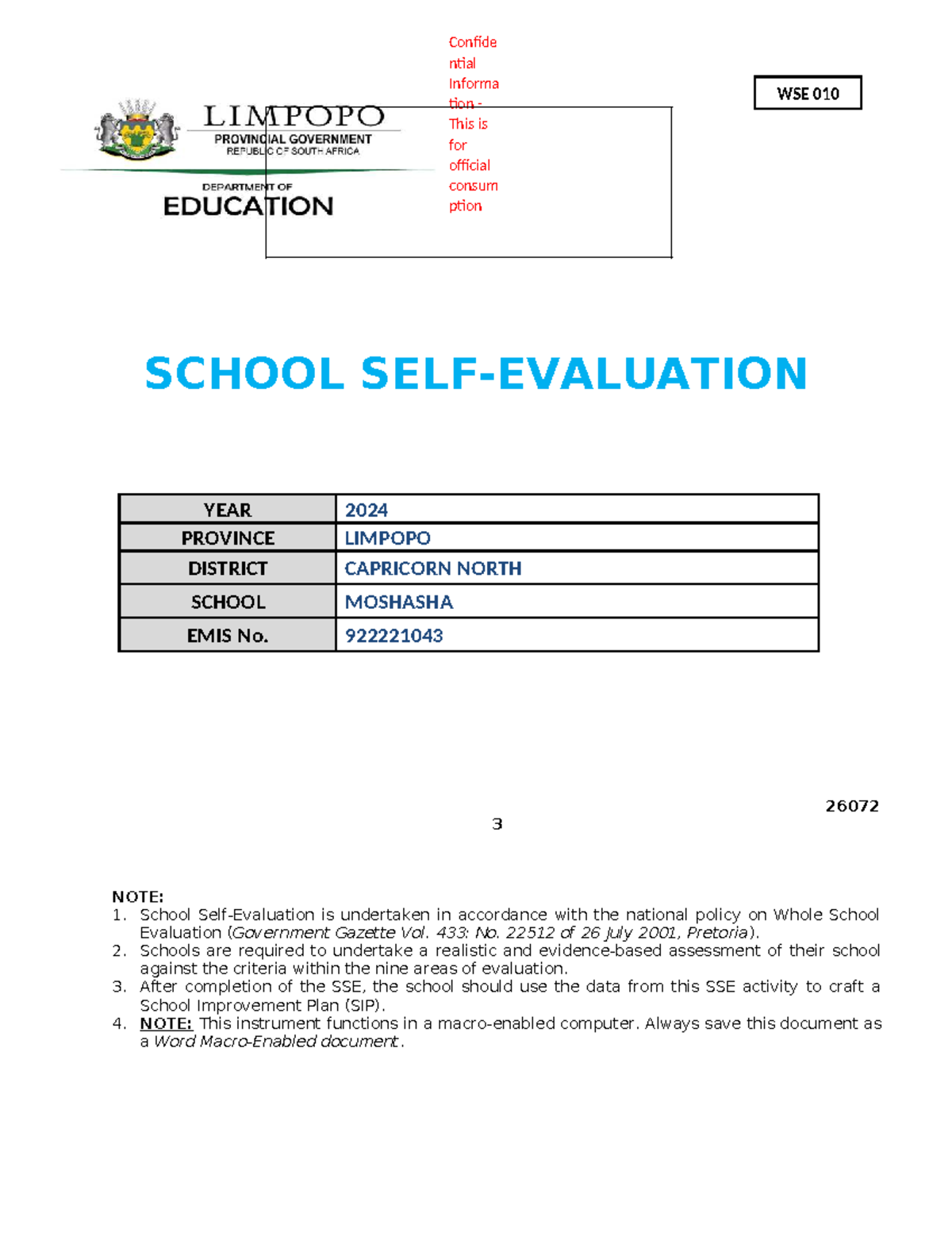 SSE 2024 - Comprehensive School Self-Evaluation Report - Studocu