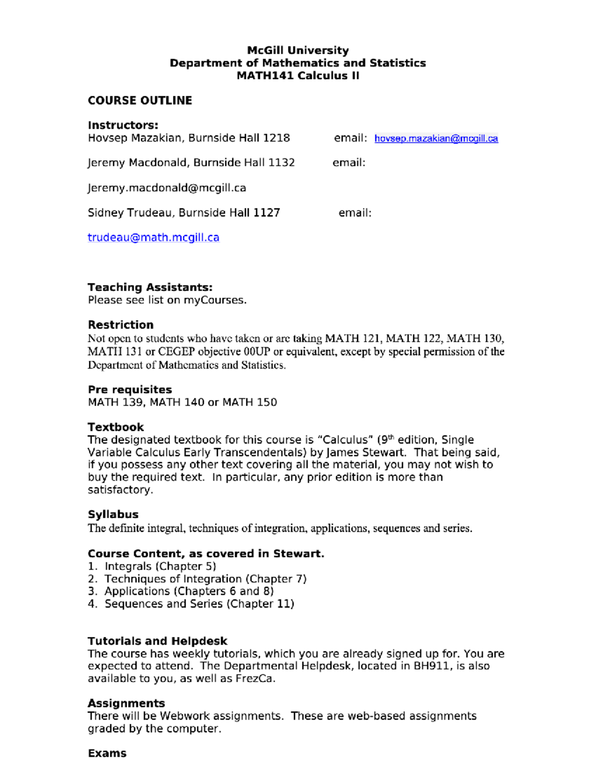 MATH141 Calculus II Course Outline and Syllabus Overview - Studocu