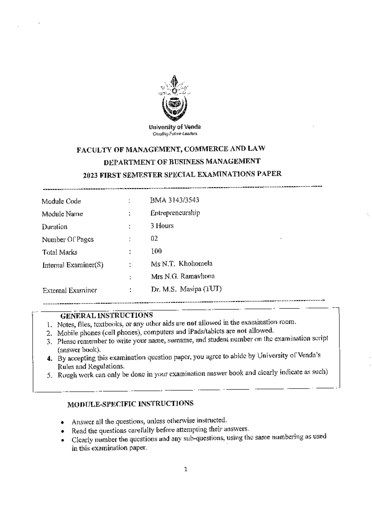 BMA 3143/3543 Entrepreneurship Final Exam 2023 - Studocu