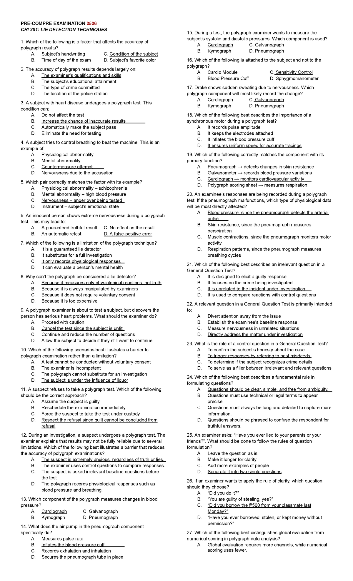 LIE DETECTION TECHNIQUES: EXAMINATION 2526 CRI 201 STUDY GUIDE - Studocu