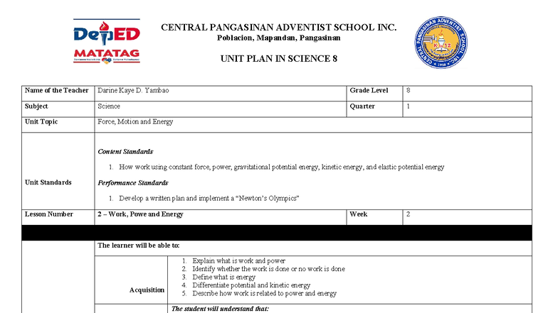Unit Plan in Science 8: Force, Motion, and Energy (Week 2) - Studocu