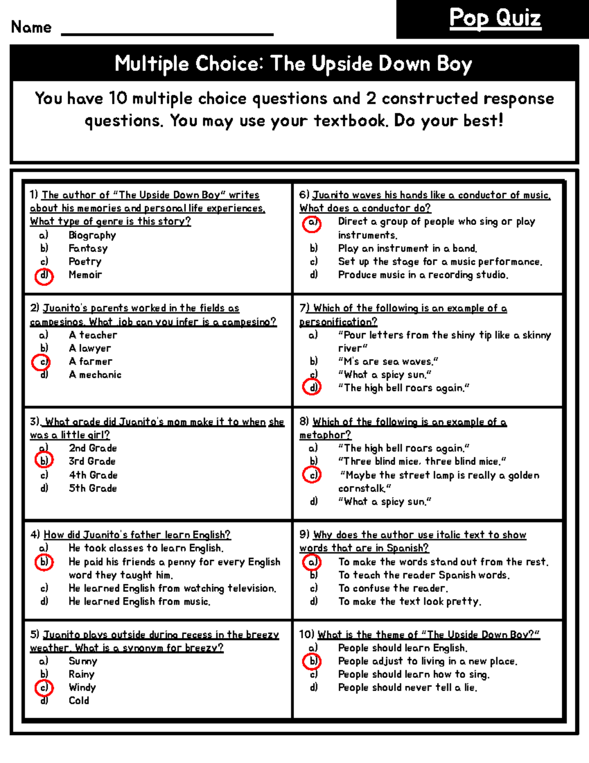 Pop Quiz (ENG 101): "The Upside Down Boy" - MCQs & Responses - Studocu
