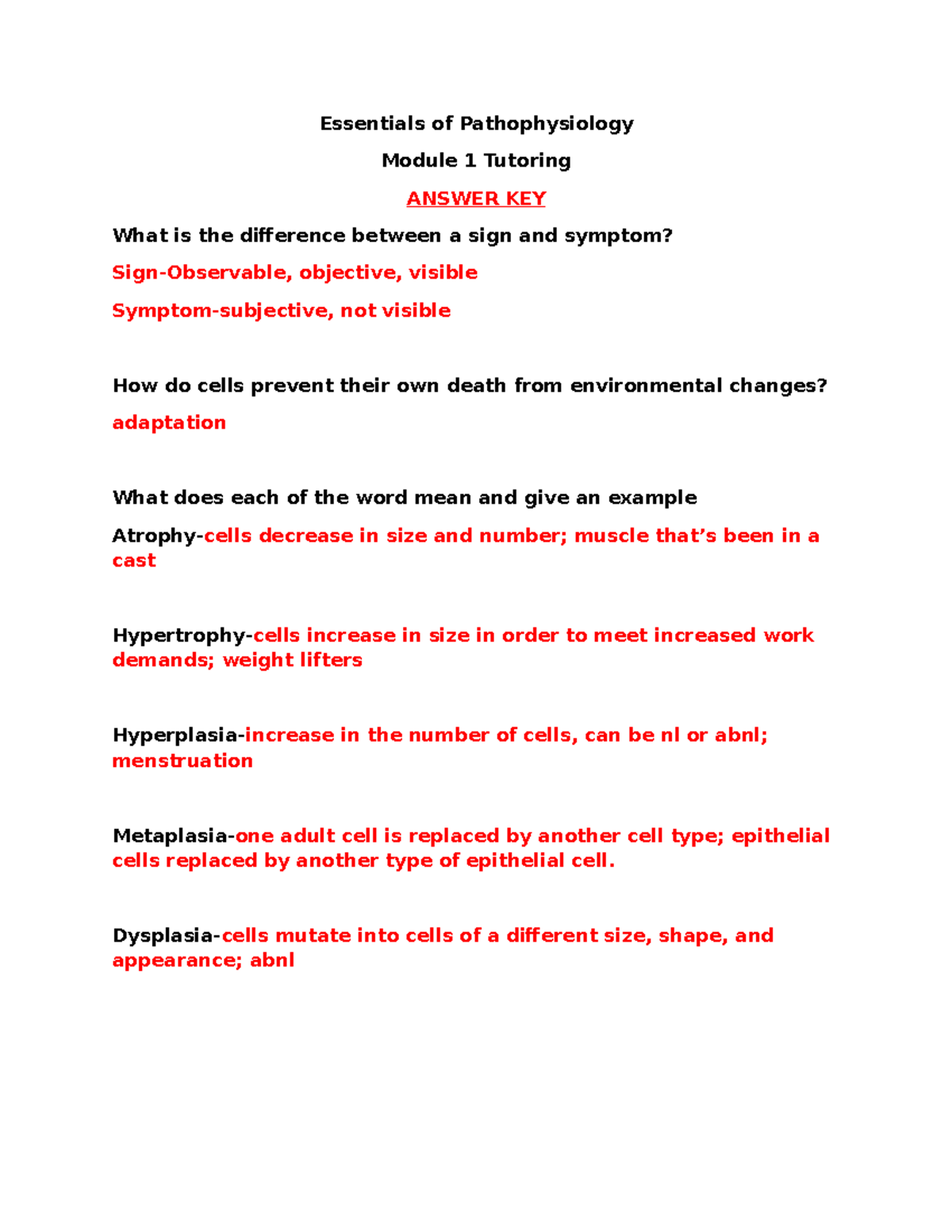 Module #1 Worksheet- Answer KEY - Essentials of Pathophysiology Module ...