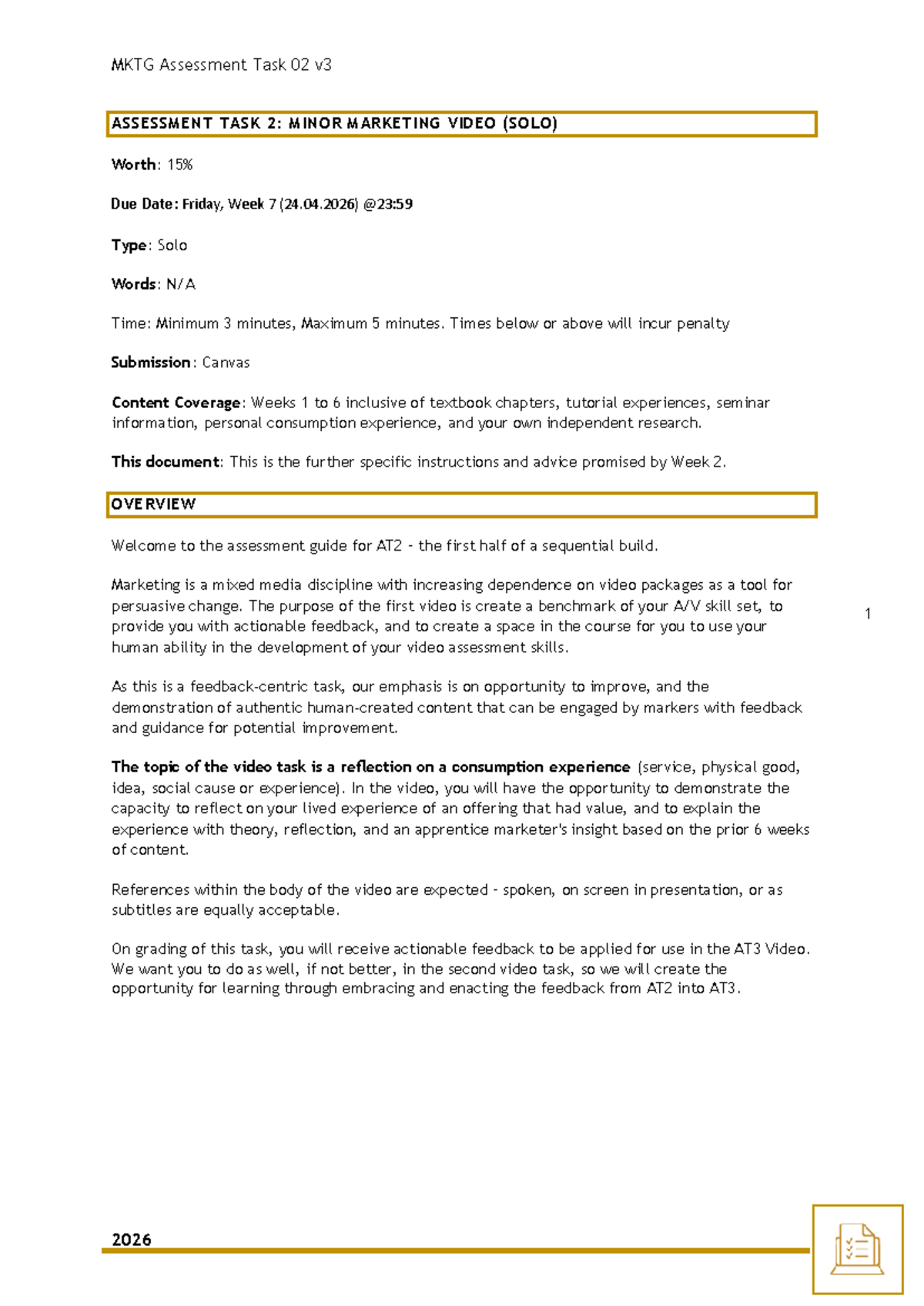MKTG2004 S1 2026 AT2: Minor Marketing Video Reflection Guide - Studocu