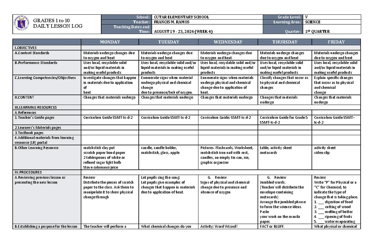 DLL Science 6 Q1 W4 - Separating Mixtures Lesson Plan - Studocu