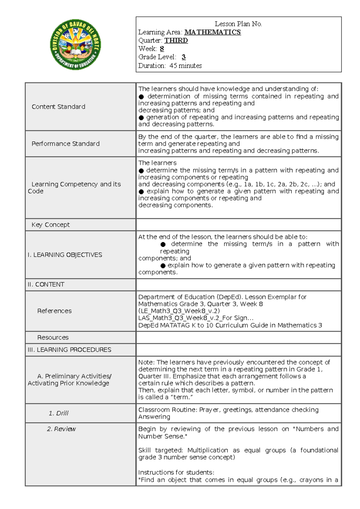 CO2 - Week 8 Q3W8 - Math Lesson Plan on Patterns for Grade 3 - Studocu