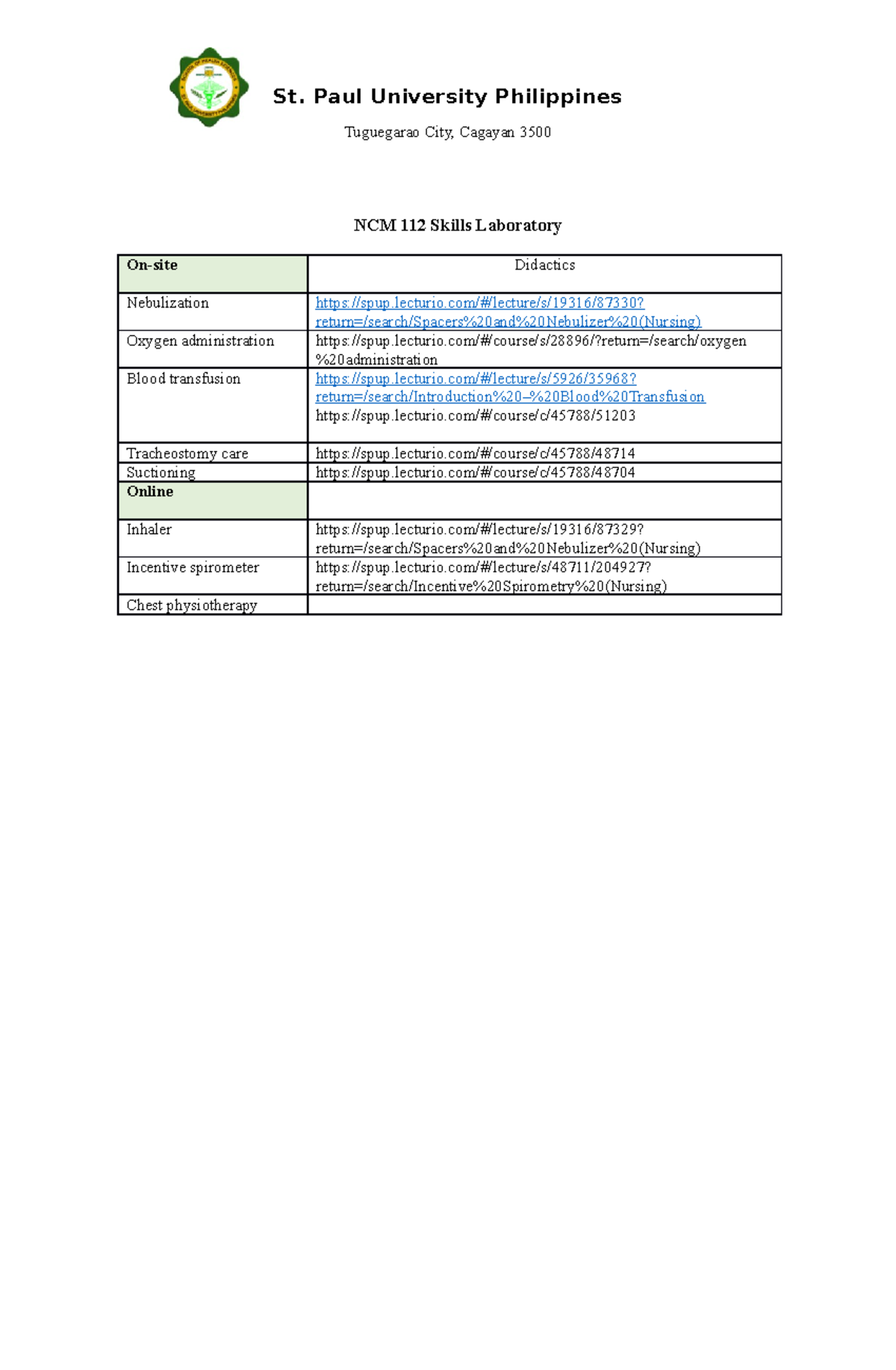 NCM 112 Skills Checklist: Nebulization, Oxygen Admin, & More - Studocu