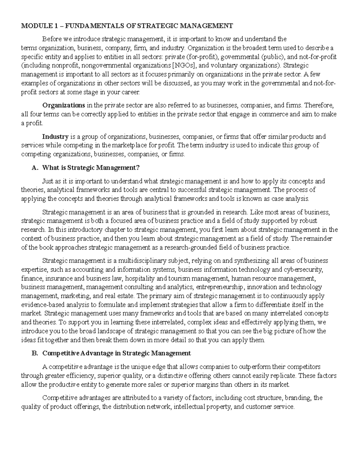 Module 1: Fundamentals of Strategic Management Overview - Studocu