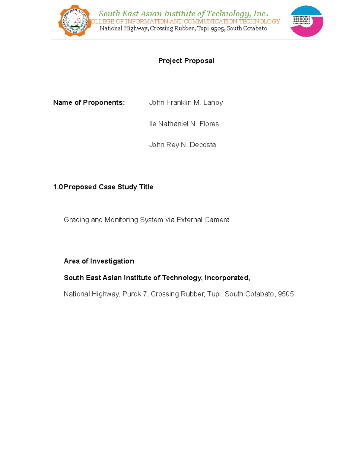 CASE STUDY PROPOSAL: Grading and Monitoring System via External Camera ...