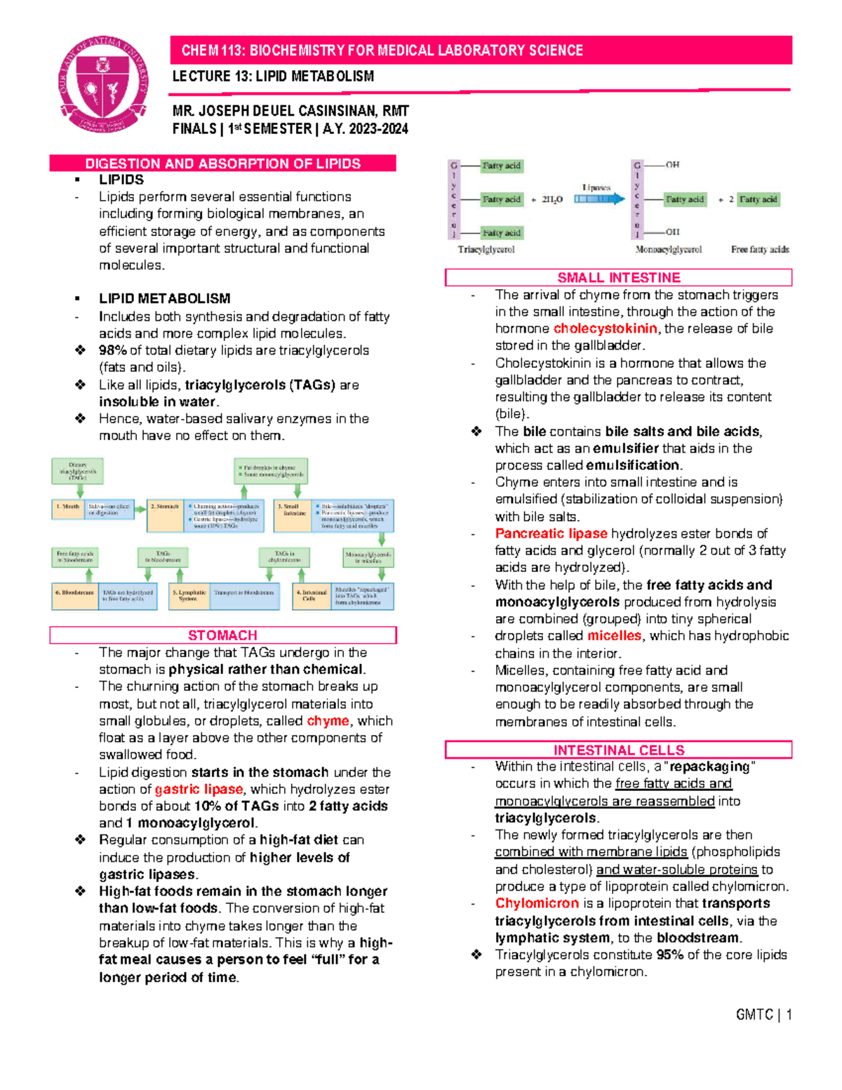 CHEM 113-W17-Lipid-Metabolism-1 - LECTURE 1 3 : LIPID METABOLISM MR ...