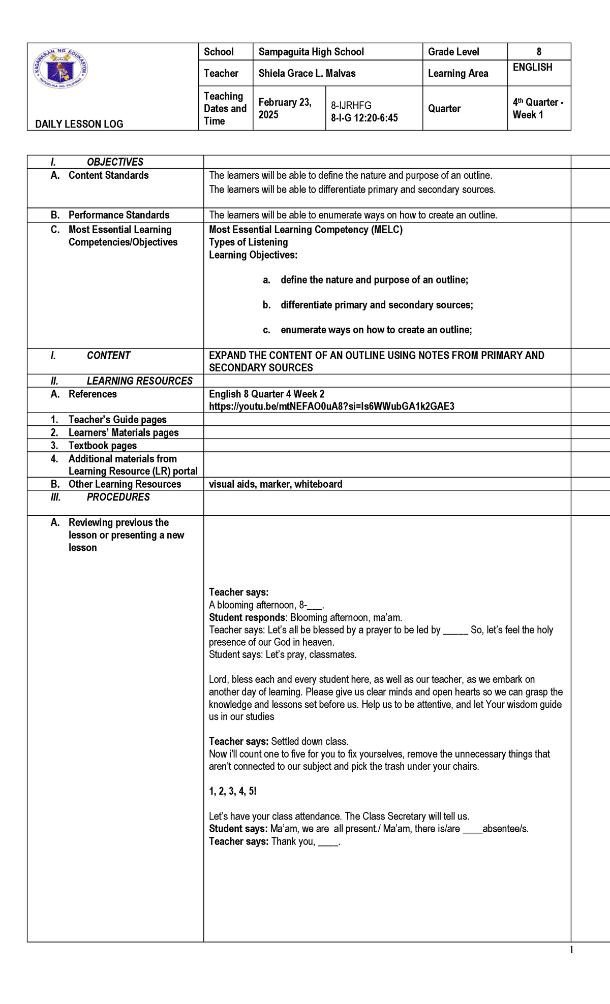 Quarter 4 DLP Lesson 2: Outlining & Source Differentiation in English - Studocu