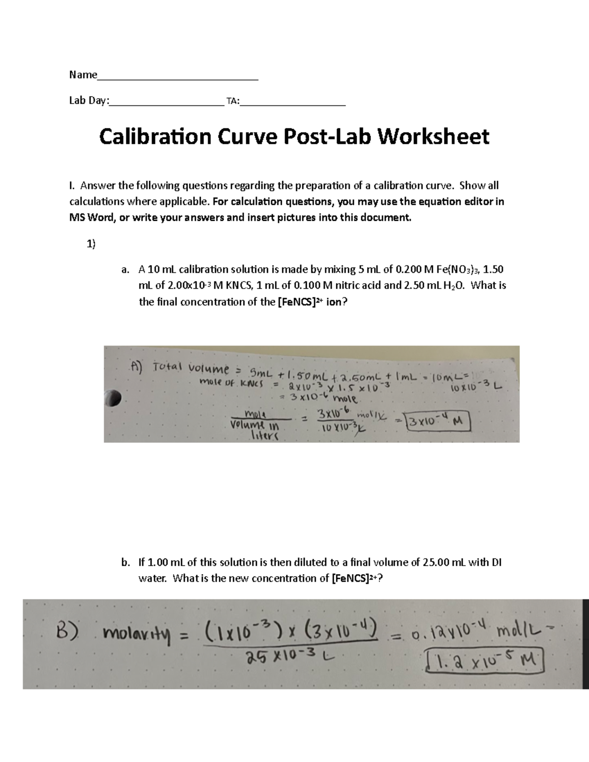 Calibration Curve Worksheet pdf - Name____________________________ Lab ...