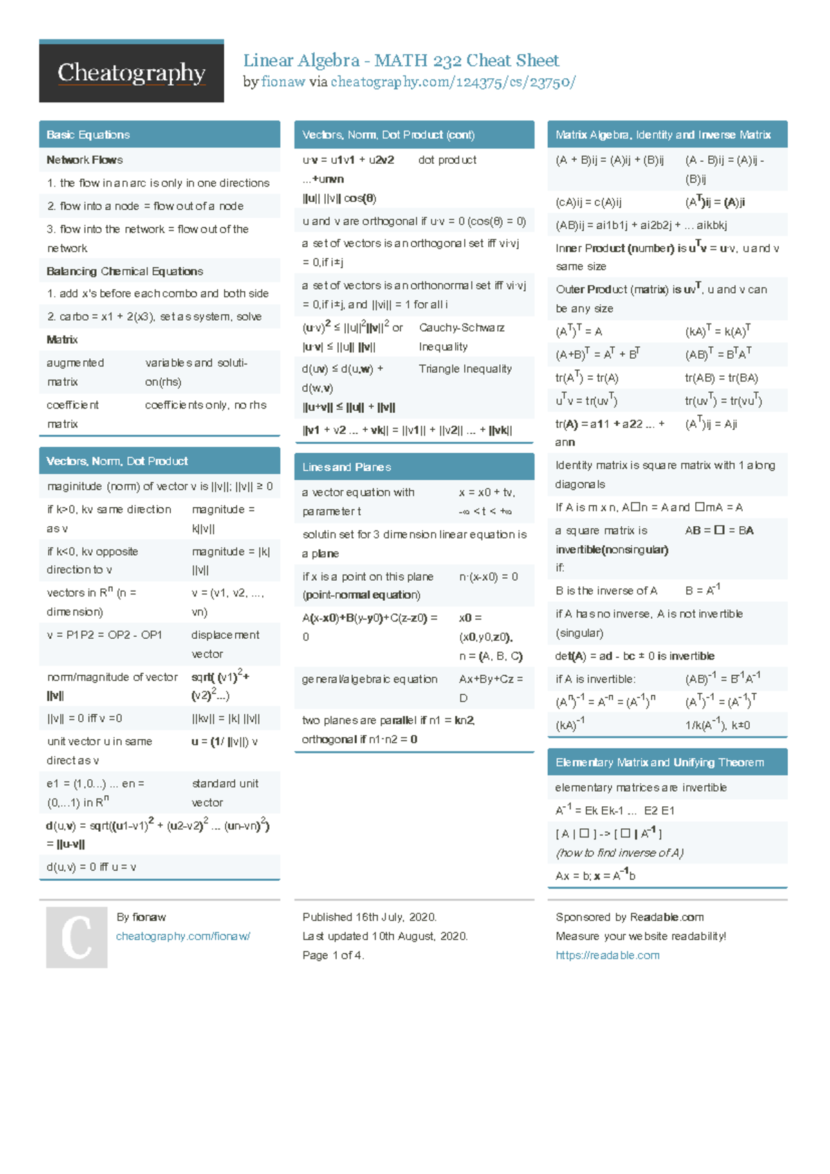 Linear Algebra MATH 232 Final Exam Cheat Sheet: Key Concepts and ...