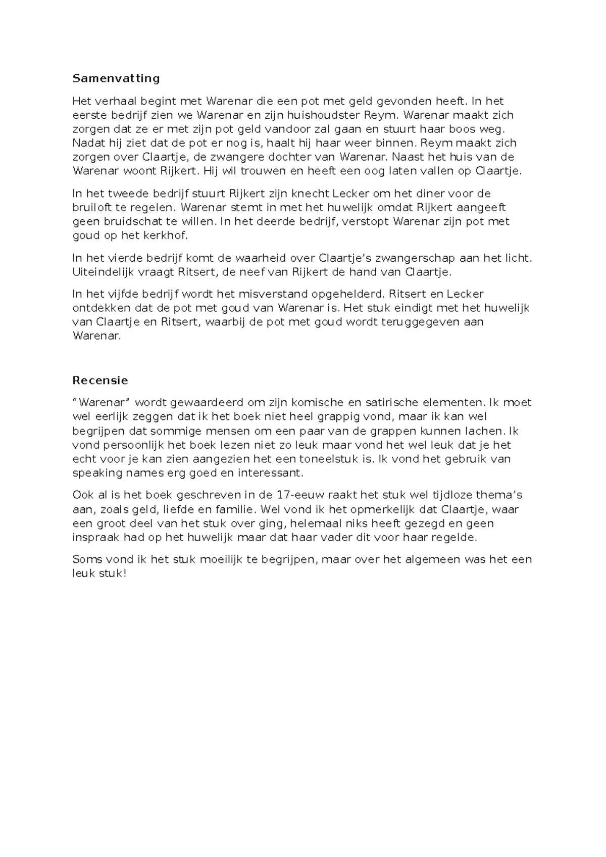 Warenar - Recensie en Samenvatting van het Toneelstuk - Studeersnel