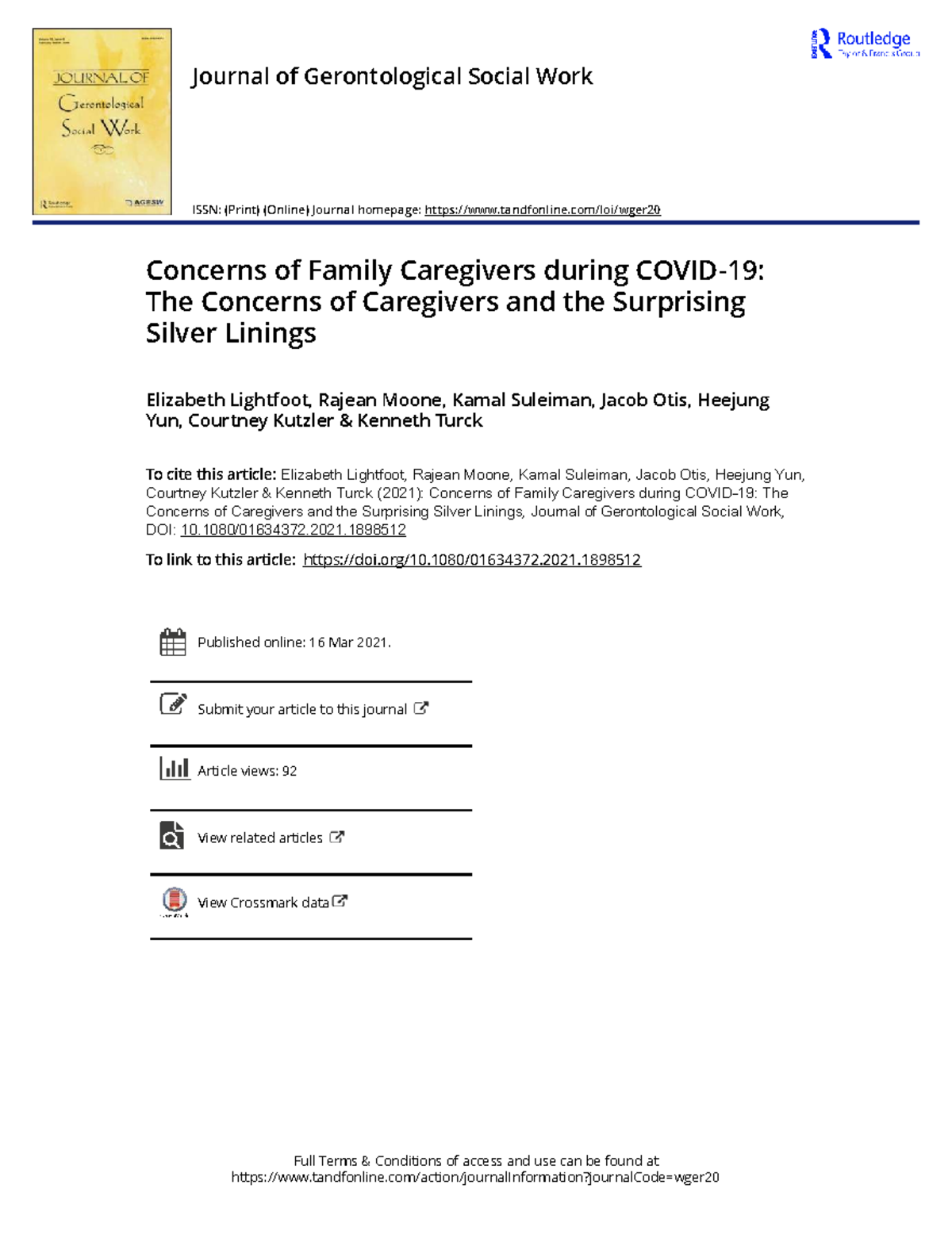 Lightfoot et al. (2021) - Family Caregivers' Concerns & Benefits during ...
