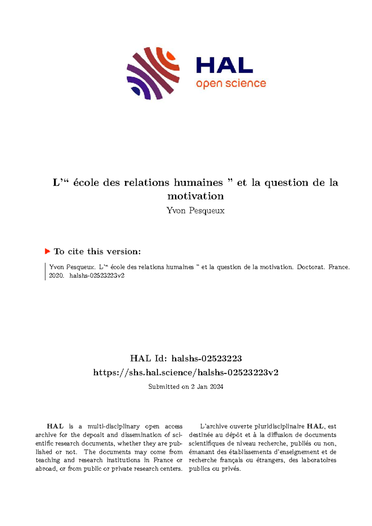 École des Relations Humaines et Motivation - Analyse et Perspectives ...