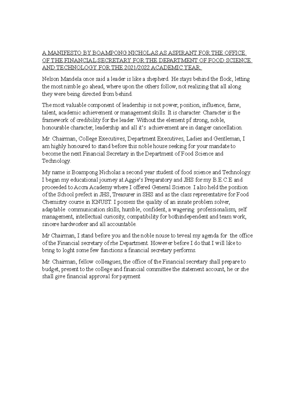 Manifesto for Financial Secretary, Dept. of Food Science & Tech. 2021/ ...