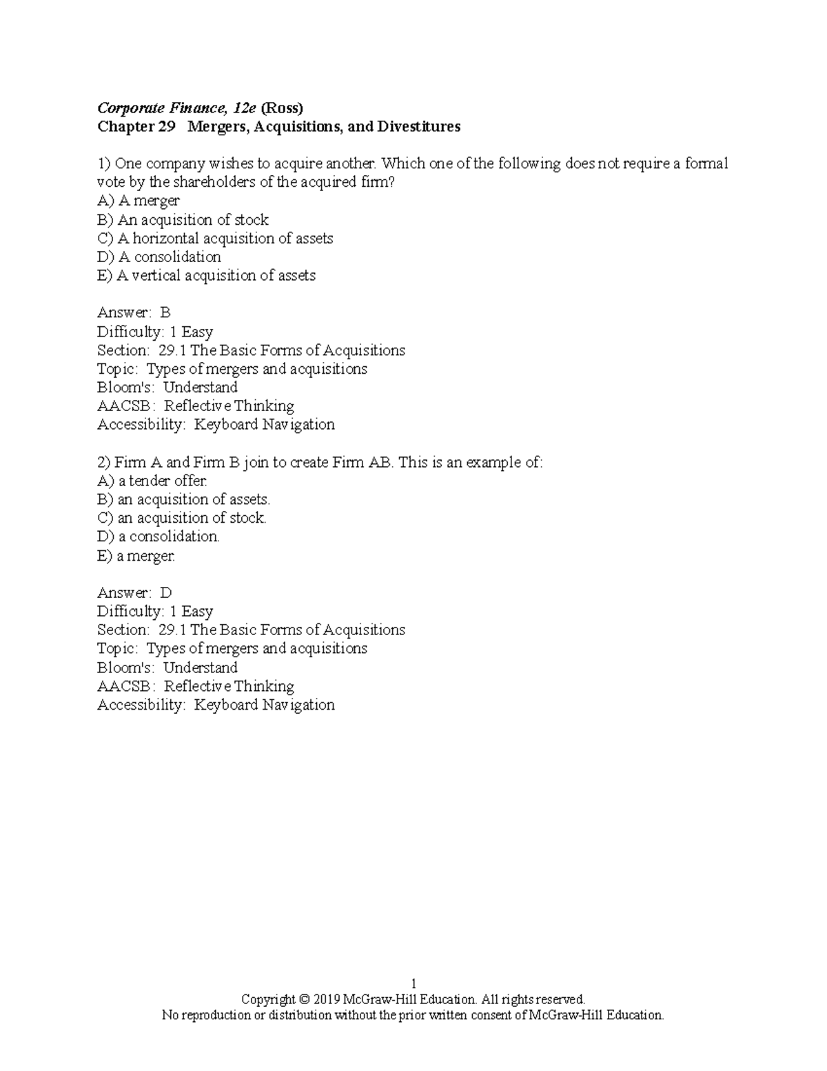 Corporate Finance, 12e (Ross) Chapter 29: Mergers & Acquisitions Answer ...