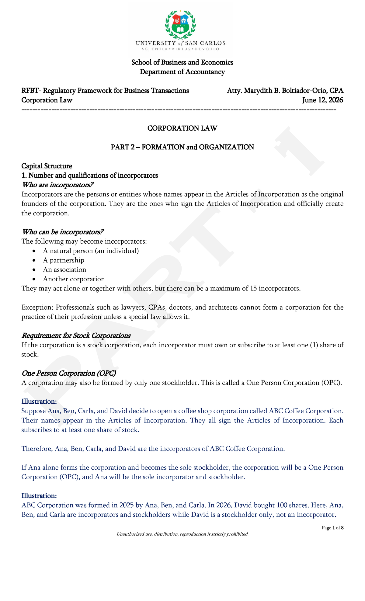 LAW 2026: Part 2 - Formation and Organization of Corporations - Studocu