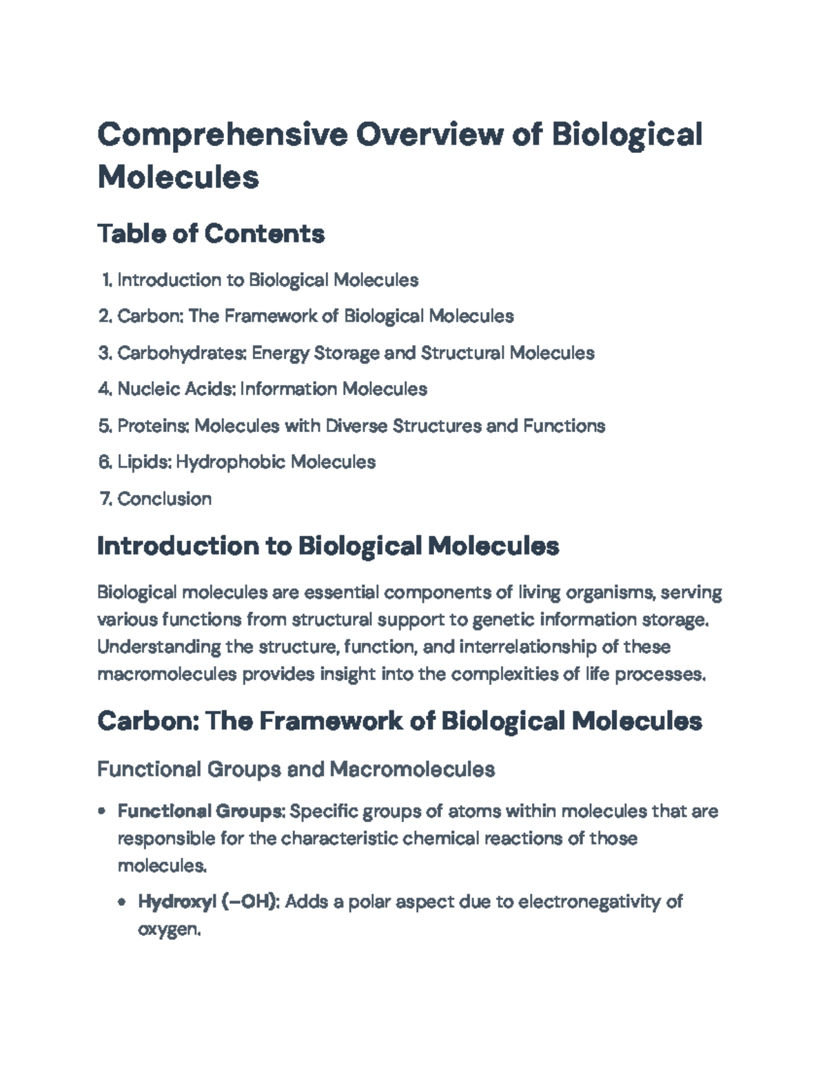 Comprehensive Overview of Biological Molecules (BIO101 Lecture Notes ...