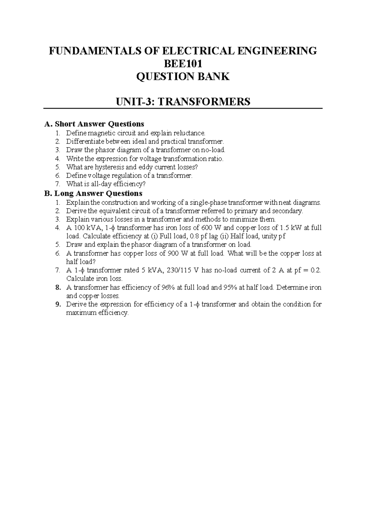 FUNDAMENTALS OF ELECTRICAL ENGINEERING BEE101 QUESTION BANK ...