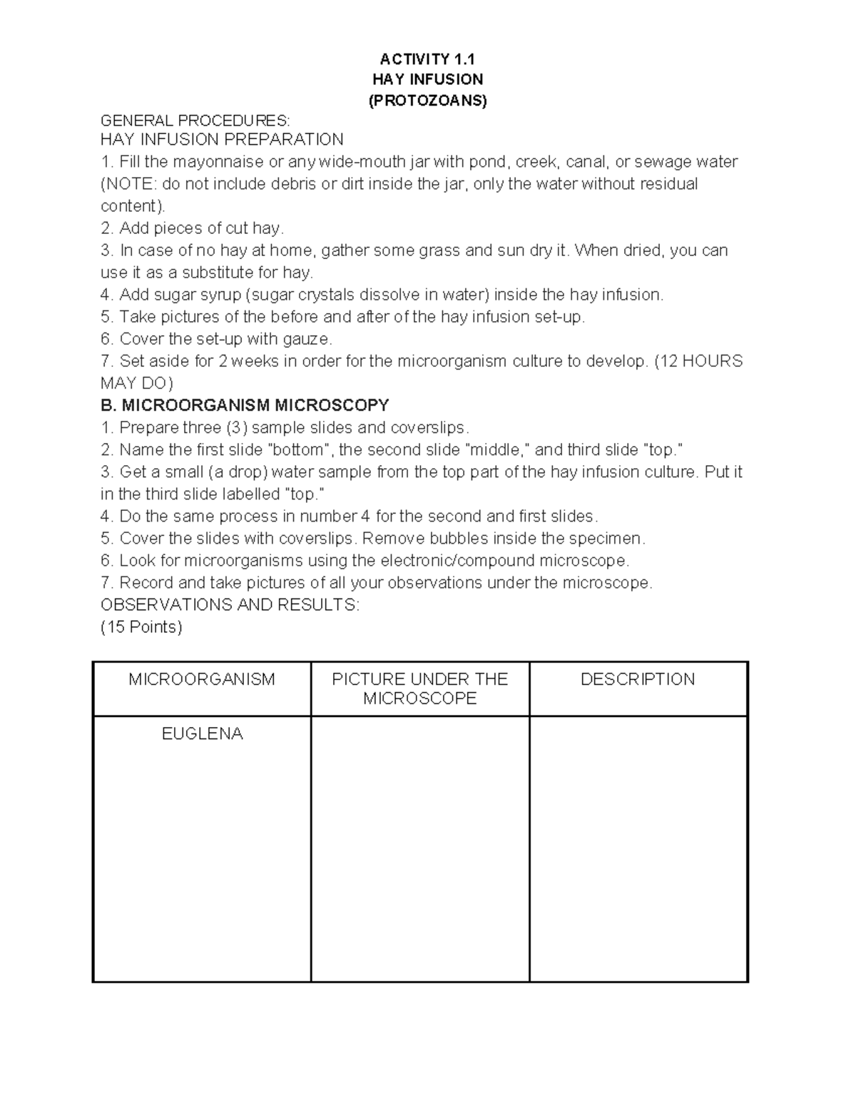 Activity 2.1: Hay Infusion Procedures & Observations on Protozoans ...