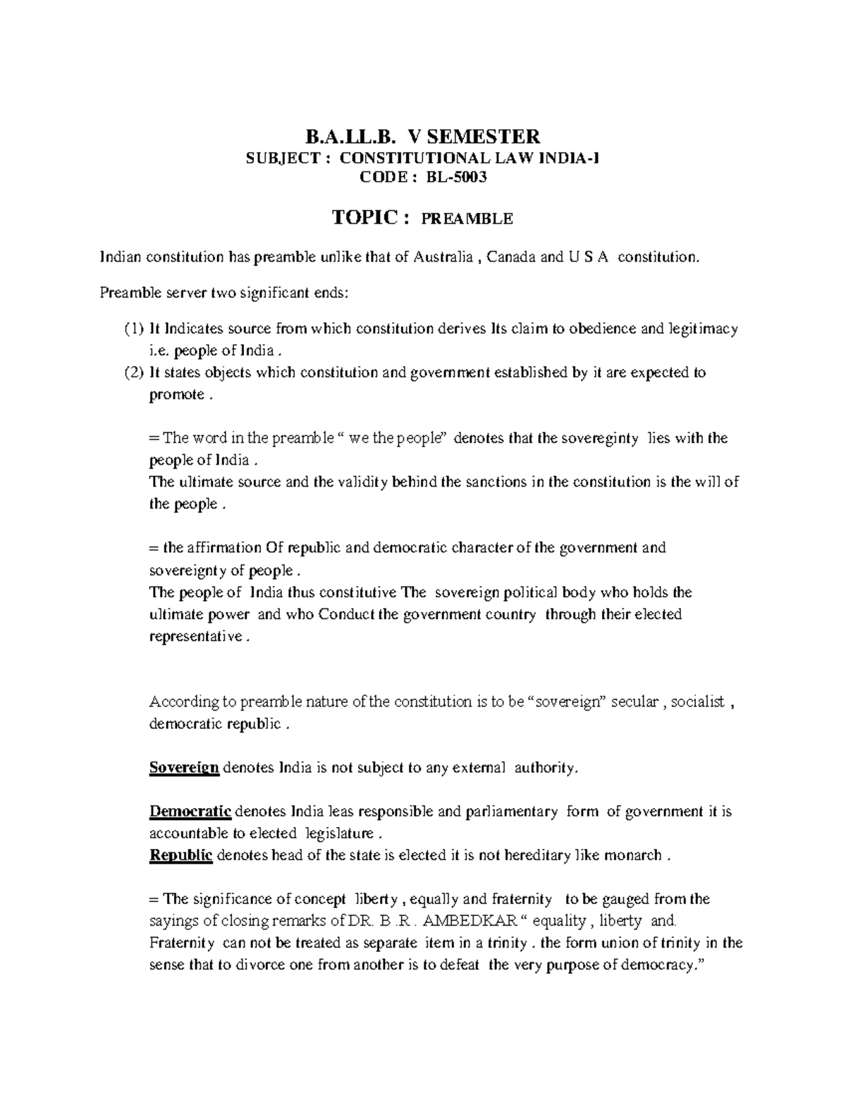 B.A.LL.B. V Sem BL-5003 Constitutional Law: Preamble Analysis - Studocu