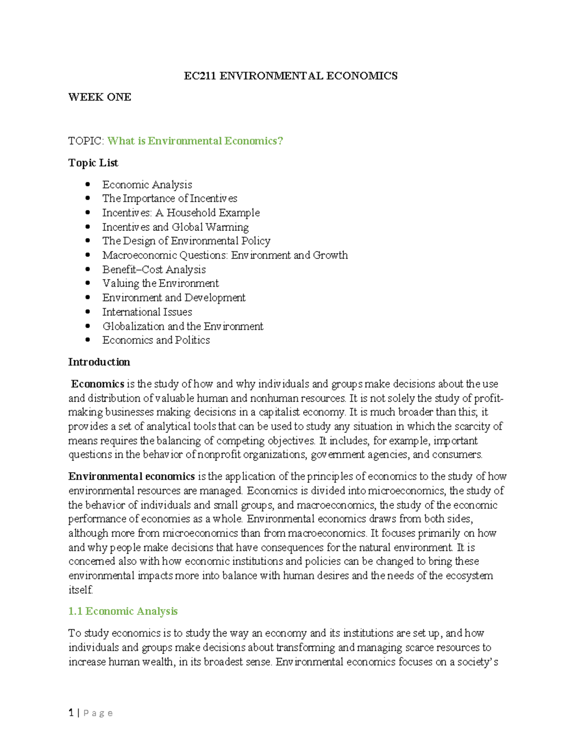 EC211 ENVIRONMENTAL ECONOMICS WEEK ONE: Introduction to Environmental ...