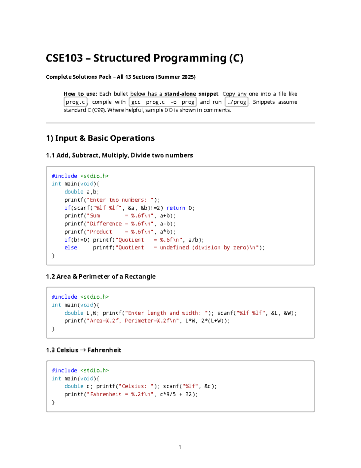 CSE103 Structured Programming Complete Solutions Pack (All 13 Sections ...
