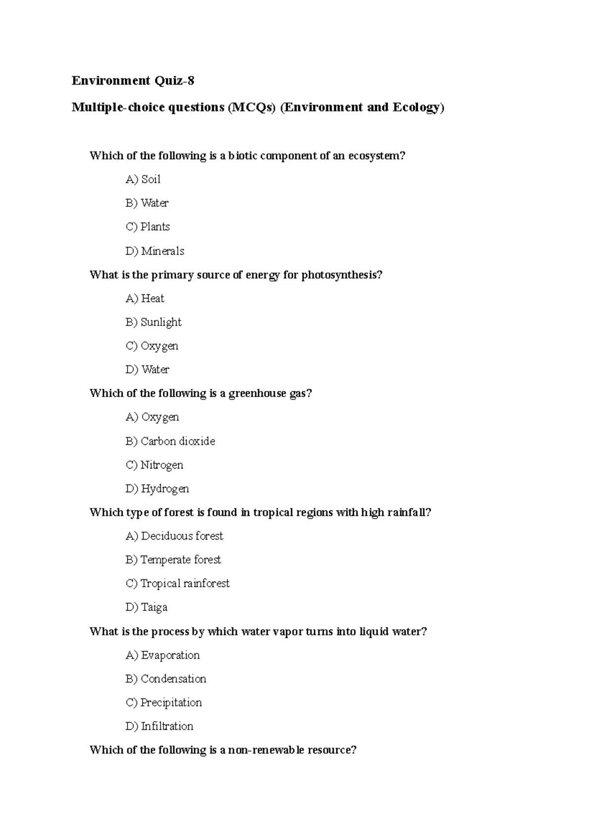 QUIZ - quiz - Environment Quiz- Multiple-choice questions (MCQs ...