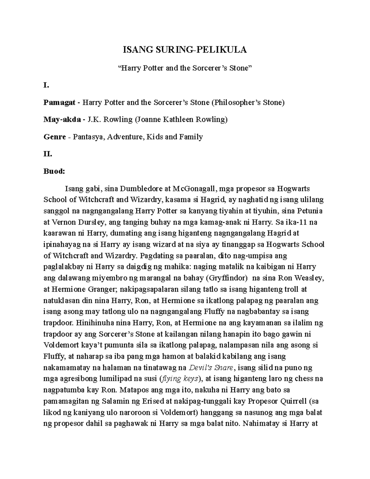 Isang Suring-Pelikula sa "Harry Potter and the Sorcerer's Stone" - Studocu