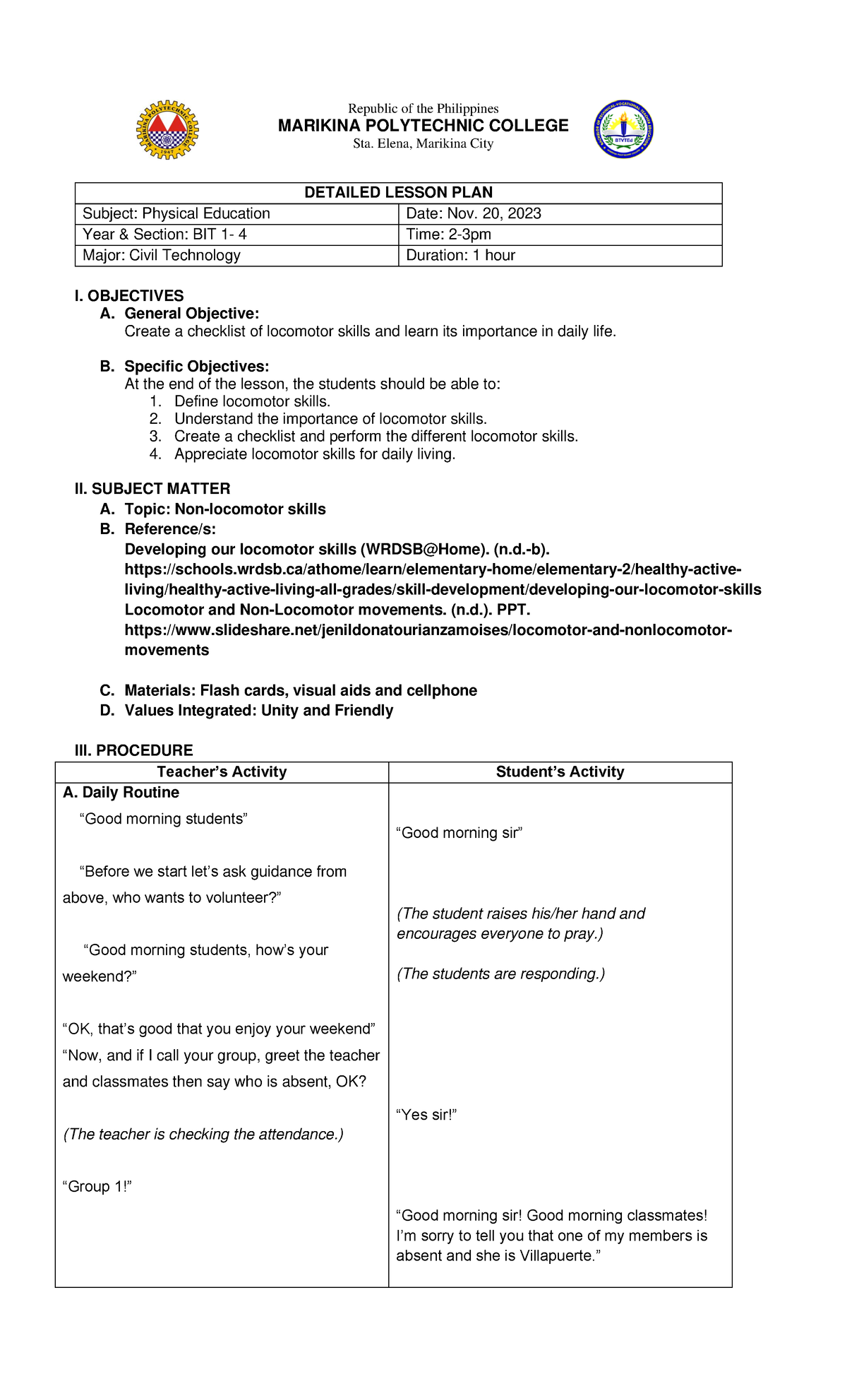 Detailed Lesson Plan on Locomotor Skills for BIT 1-4 - Studocu