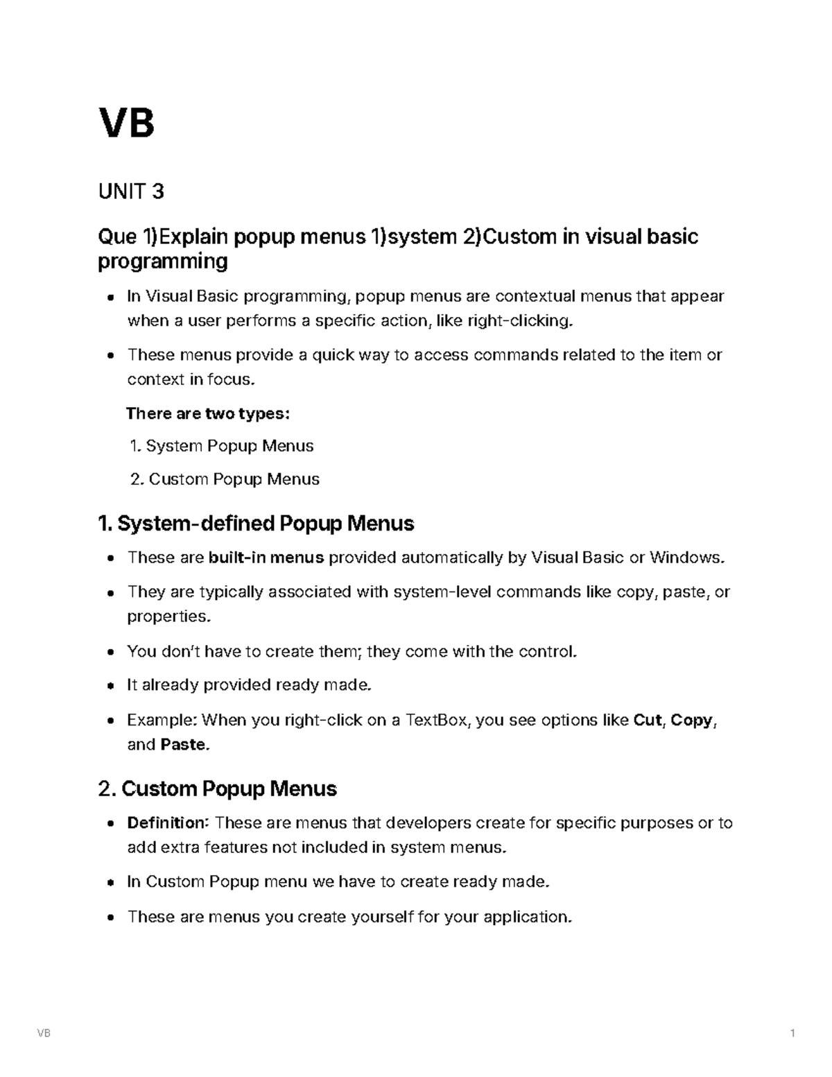 Vbpdf - Visual basic notes - VB UNIT 3 Que 1)Explain popup menus 1 ...