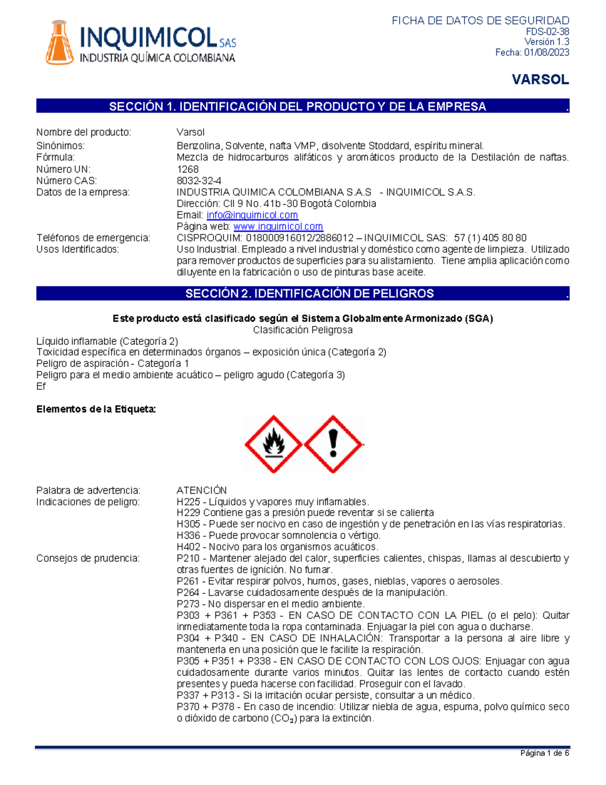 FDS-02-38 Ficha de Datos de Seguridad de Varsol - Versión 1 - Studocu