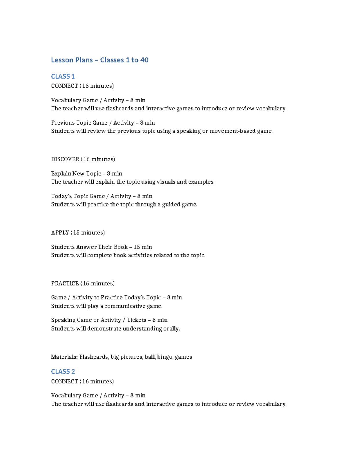 Lesson Plans for Classes 1-40: Engaging Activities and Games - Studocu