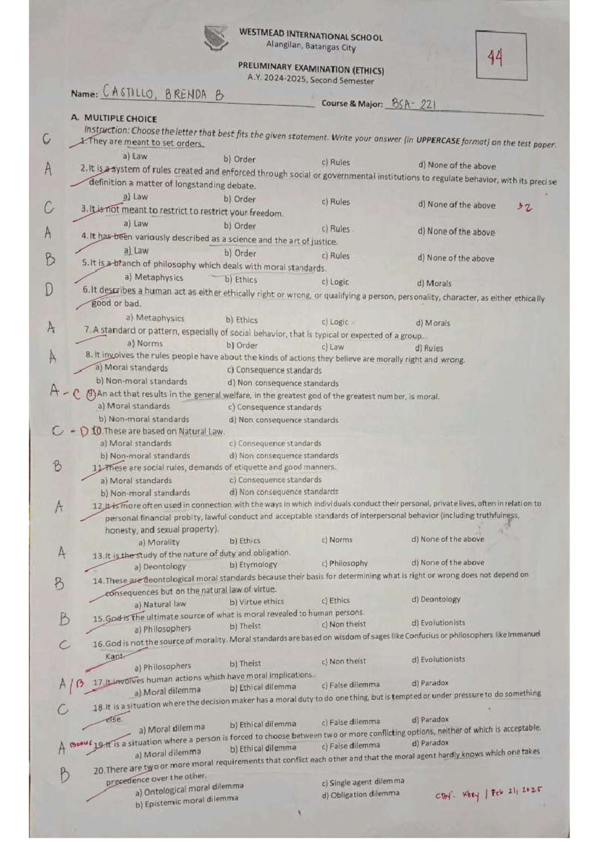 Ethics 221: Final Exam Reviewer for Preliminary Examination - Studocu