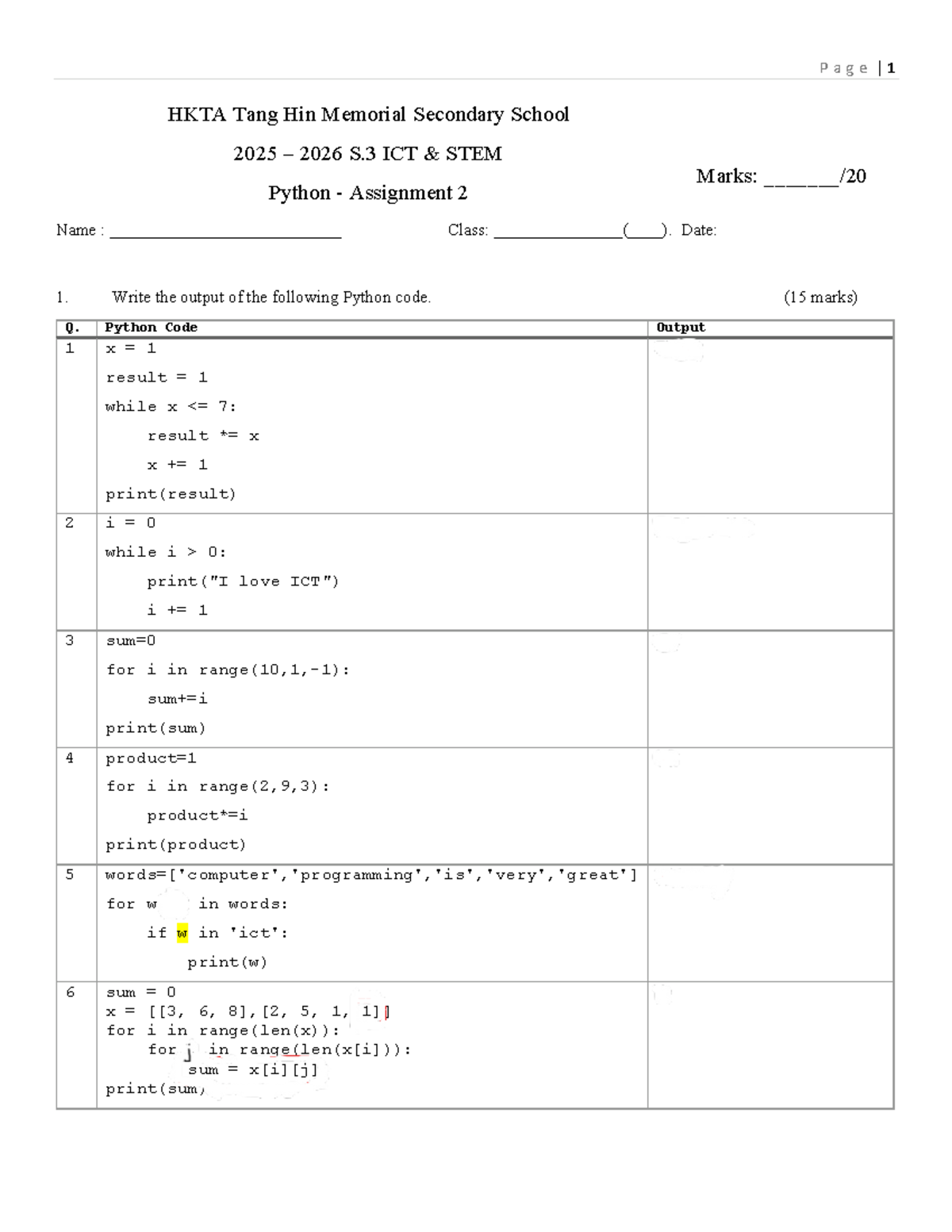 S.3 ICT STEM Python Assignment 2 Marks - HKTA Tang Hin School - Studocu