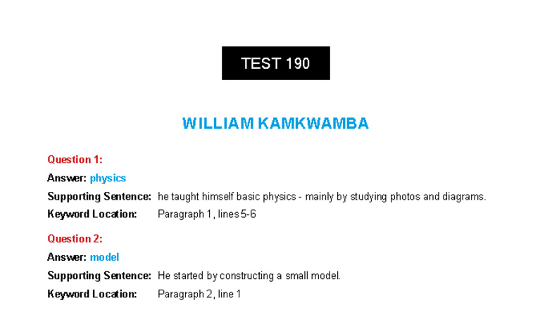 TEST190 William Kamkwamba: Physics Model Construction Insights - Studocu