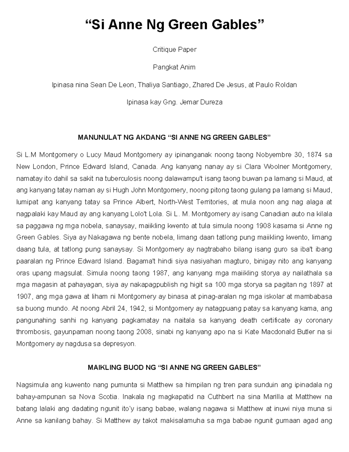 Si Anne Ng Green Gables Pangkat 6 - “Si Anne Ng Green Gables” Critique ...