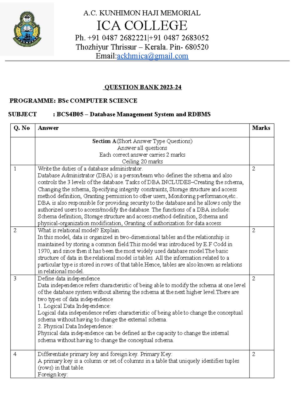BSc CS IV Sem DBMS Question Bank - Set 1 (2023) - Studocu
