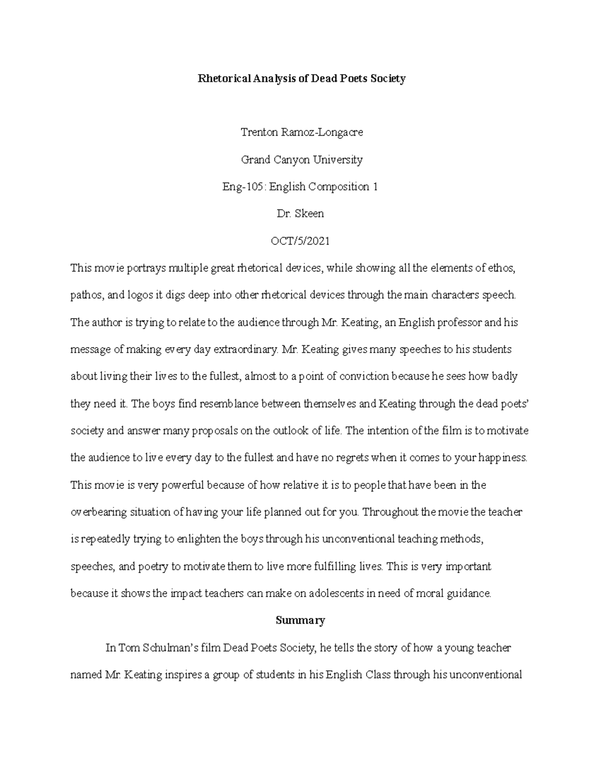 ENG-105 Final Exam: Rhetorical Analysis of Dead Poets Society - Studocu